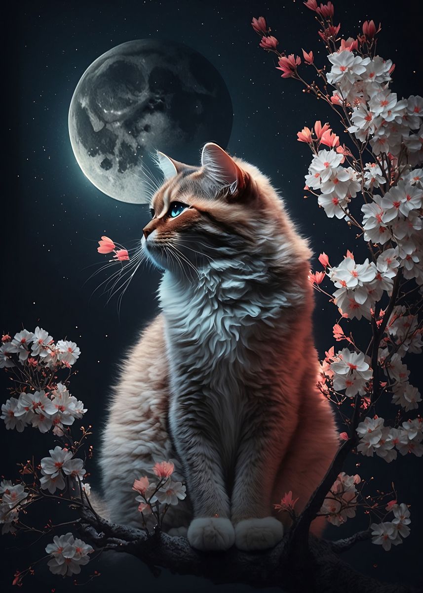 'Cat Moon Night' Poster, picture, metal print, paint by ...