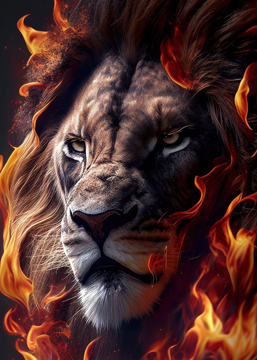 'Lion Face Animal Fire' Poster, picture, metal print, paint by ...