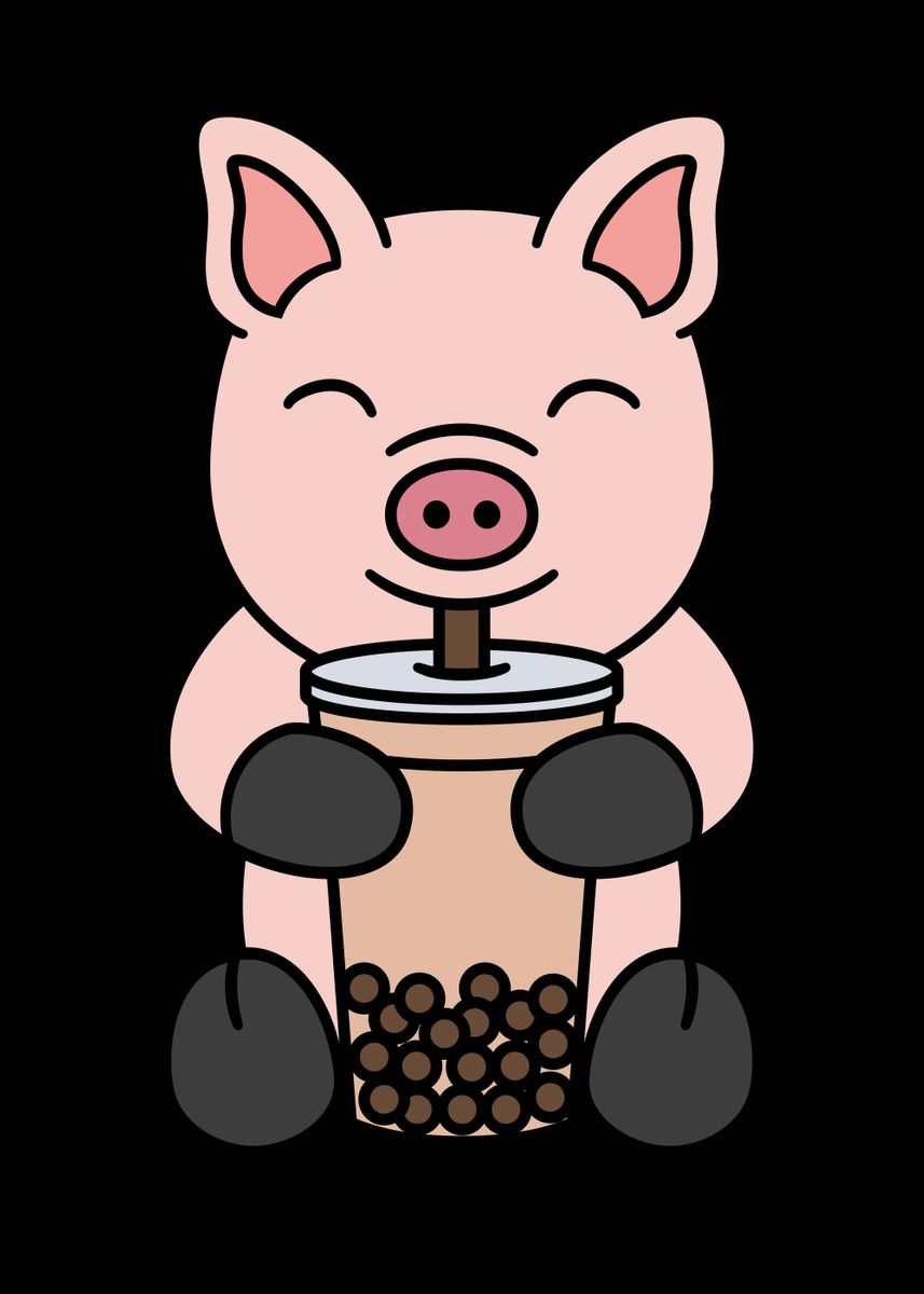 'Mini Pig Bubble Tea ' Poster, picture, metal print, paint by PetPrints | Displate