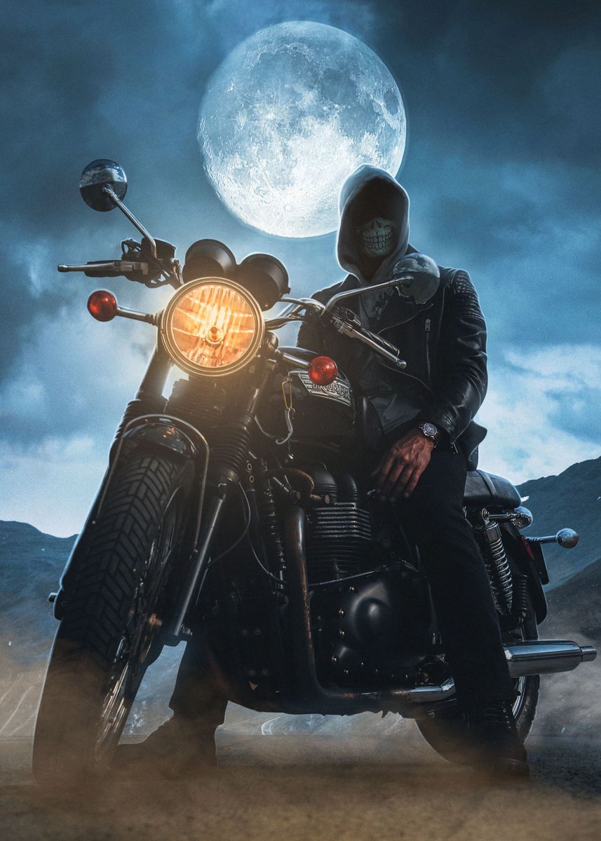 'Man Motorcycle With Moon' Poster, picture, metal print, paint by P U F ...