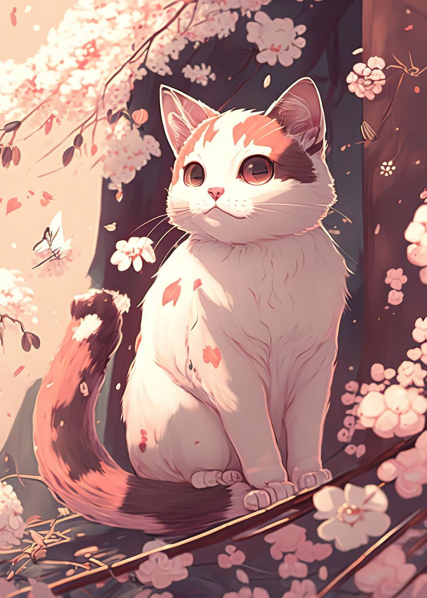 'Cat Cherry Blossoms' Poster, picture, metal print, paint by NeoRowe ...