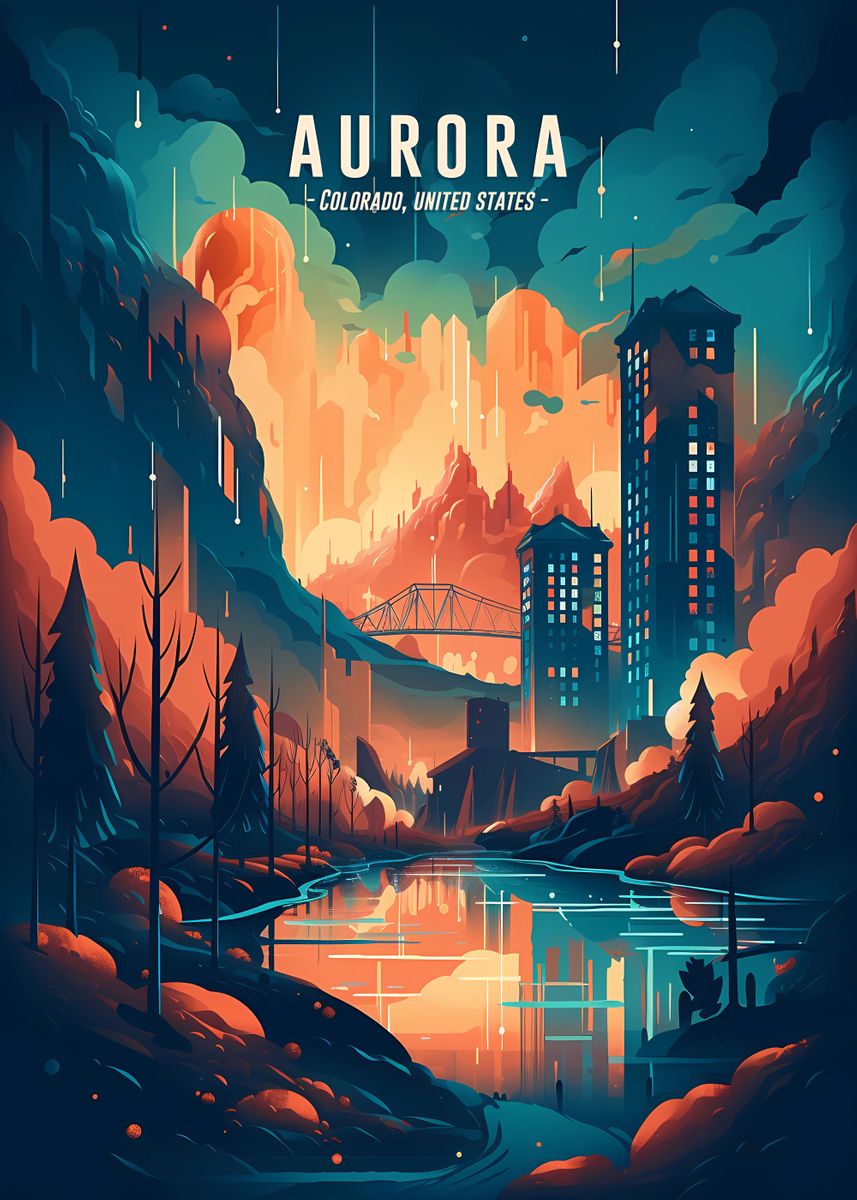 'Aurora Downtown skyline' Poster, picture, metal print, paint by Elysian Atelier | Displate