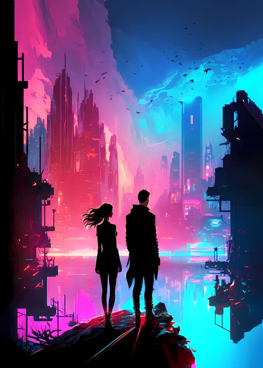 'Cyber Love Cityscape' Poster, picture, metal print, paint by Luong ...