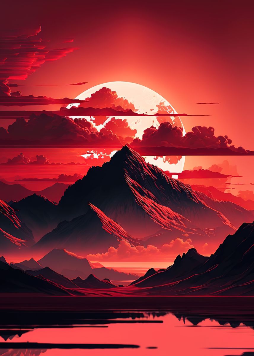 'Sunset Mountian Red Moon ' Poster, picture, metal print, paint by ...