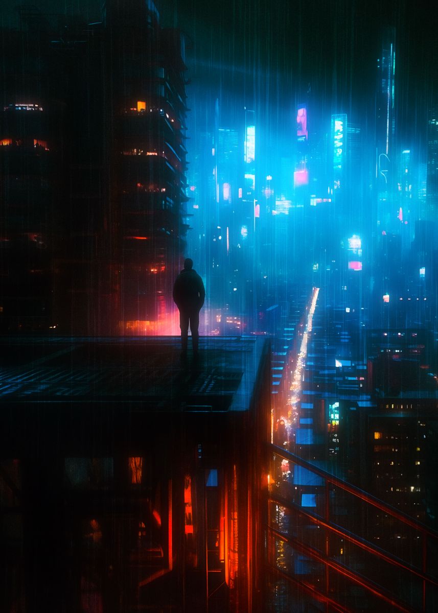 'Man Overlooks A Neon City' Poster, picture, metal print, paint by ...