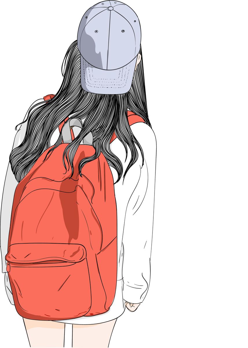 'Red Backpack Girl Poster' Poster, picture, metal print, paint by Aswad ...