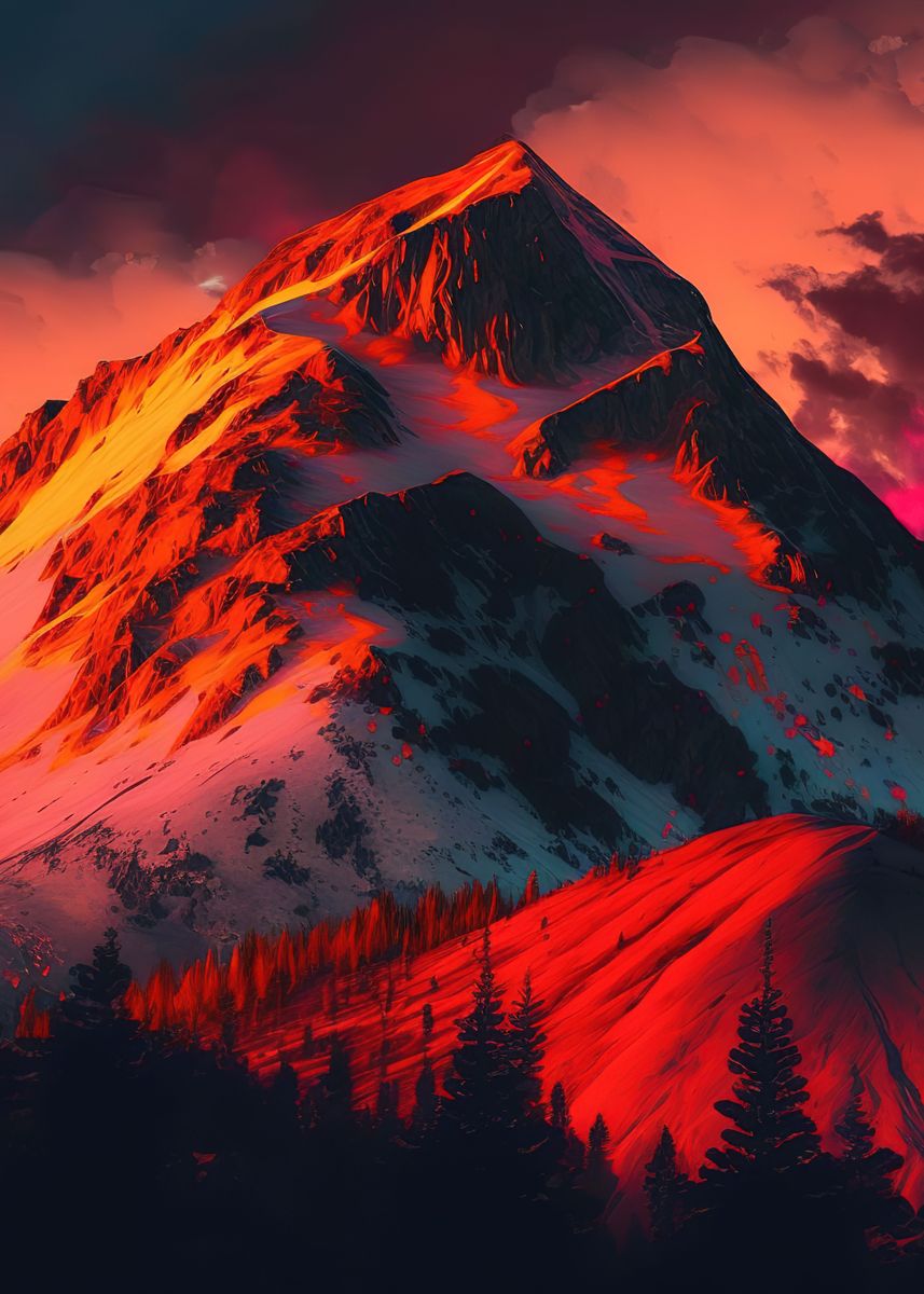 'Sunset Mountian Red Moon ' Poster, picture, metal print, paint by ...