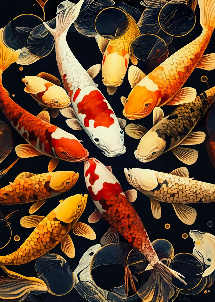 'Feeding Koi Fish In Pond' Poster, picture, metal print, paint by ...