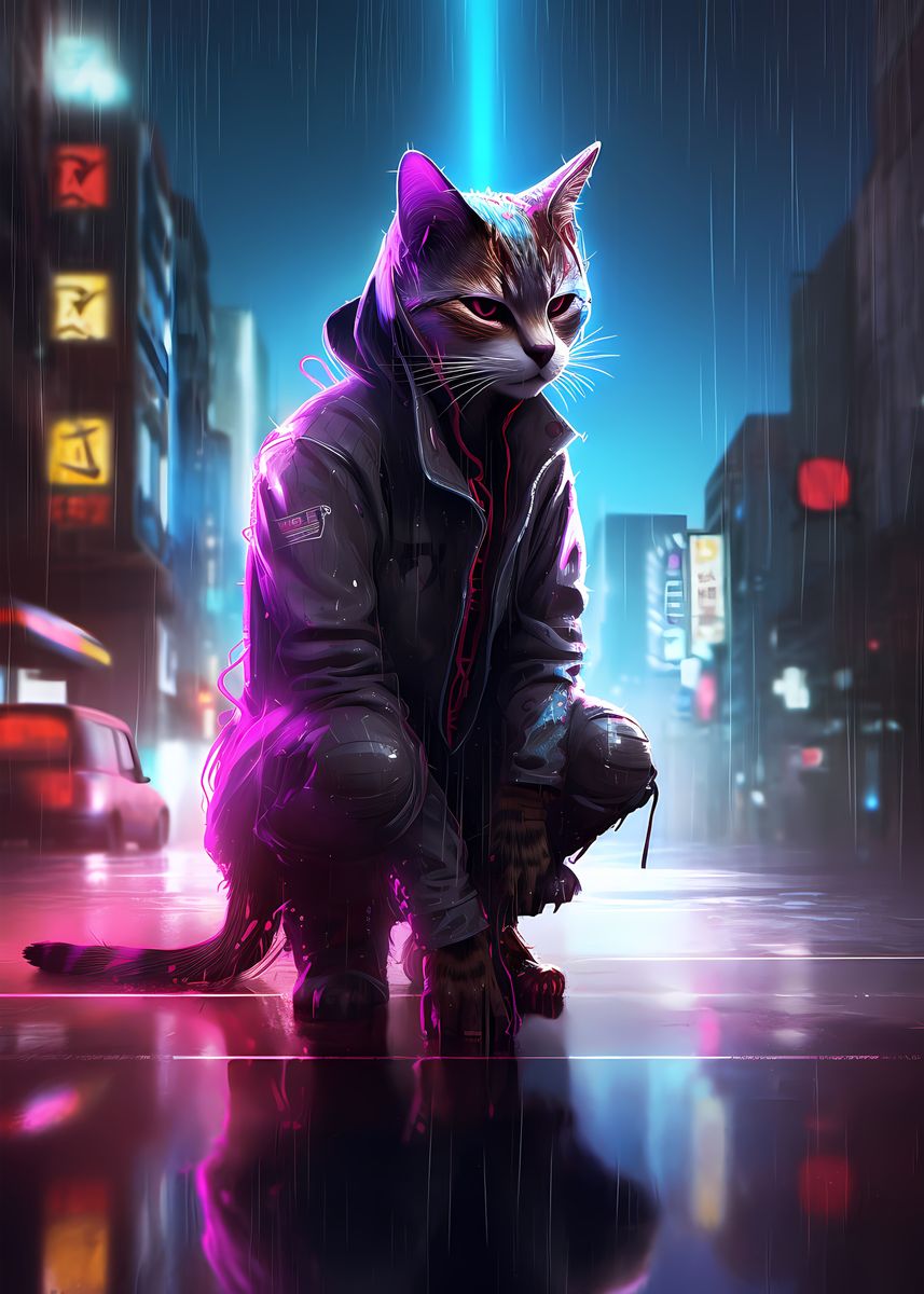 'Cat Cyberpunk Neon Art' Poster, picture, metal print, paint by Jay ...