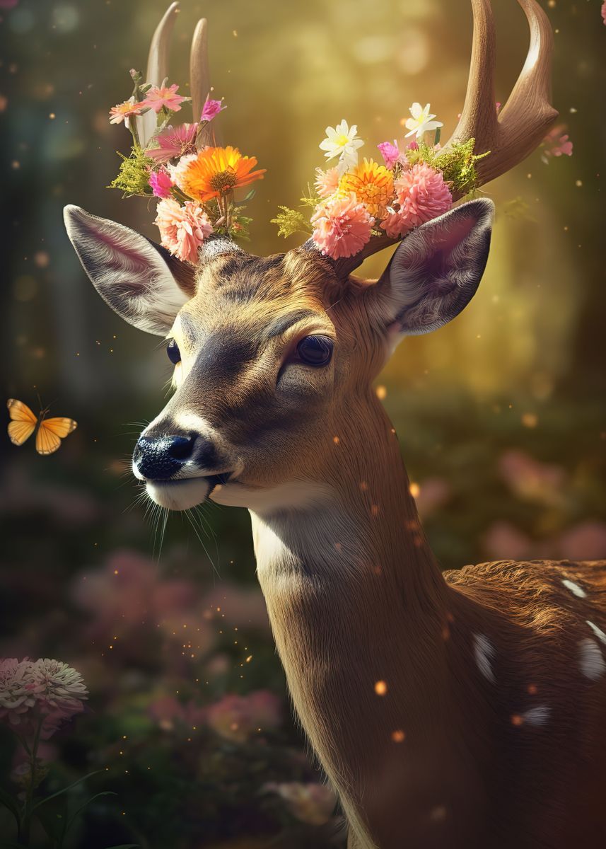 'cute deer flower ' Poster, picture, metal print, paint by DEMON SPACE ...