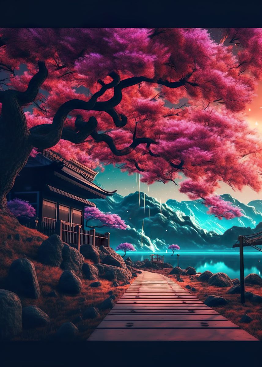 'Japan Synthwave Nature' Poster, picture, metal print, paint by ...