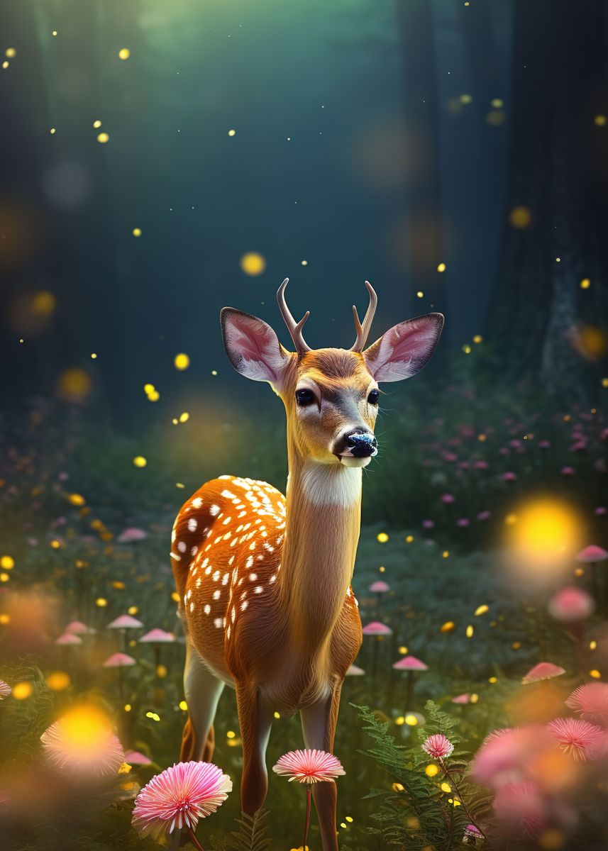 'cute deer flower ' Poster, picture, metal print, paint by DEMON SPACE ...