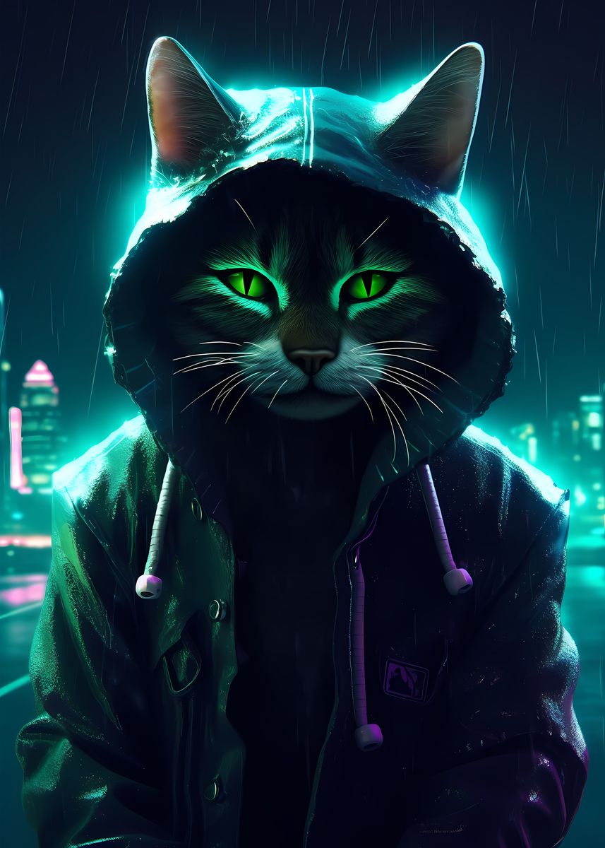 'Cat Cyberpunk Neon Art' Poster, picture, metal print, paint by Jay ...