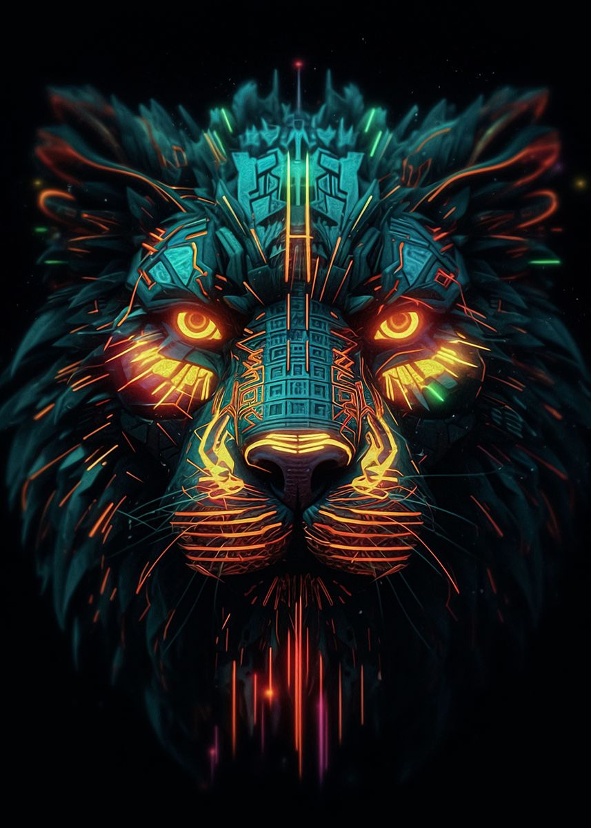 'Cyberpunk Lion' Poster, picture, metal print, paint by Ozan Psd | Displate