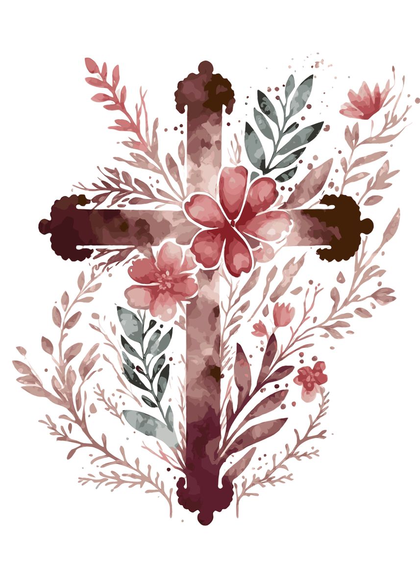'Watercolor Flower Cross' Poster, picture, metal print, paint by ...