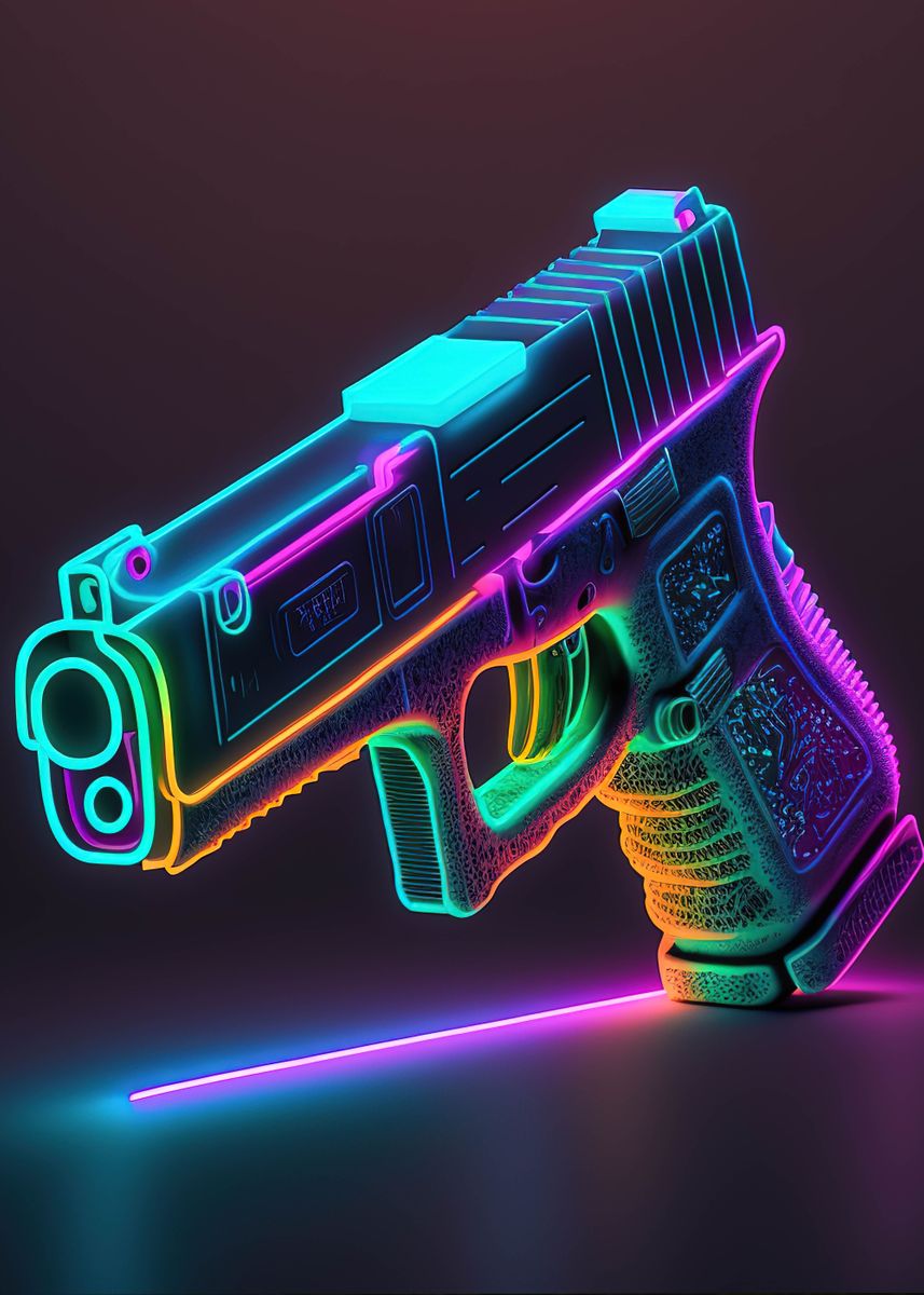 'Gun Neon' Poster, picture, metal print, paint by Peter Li | Displate