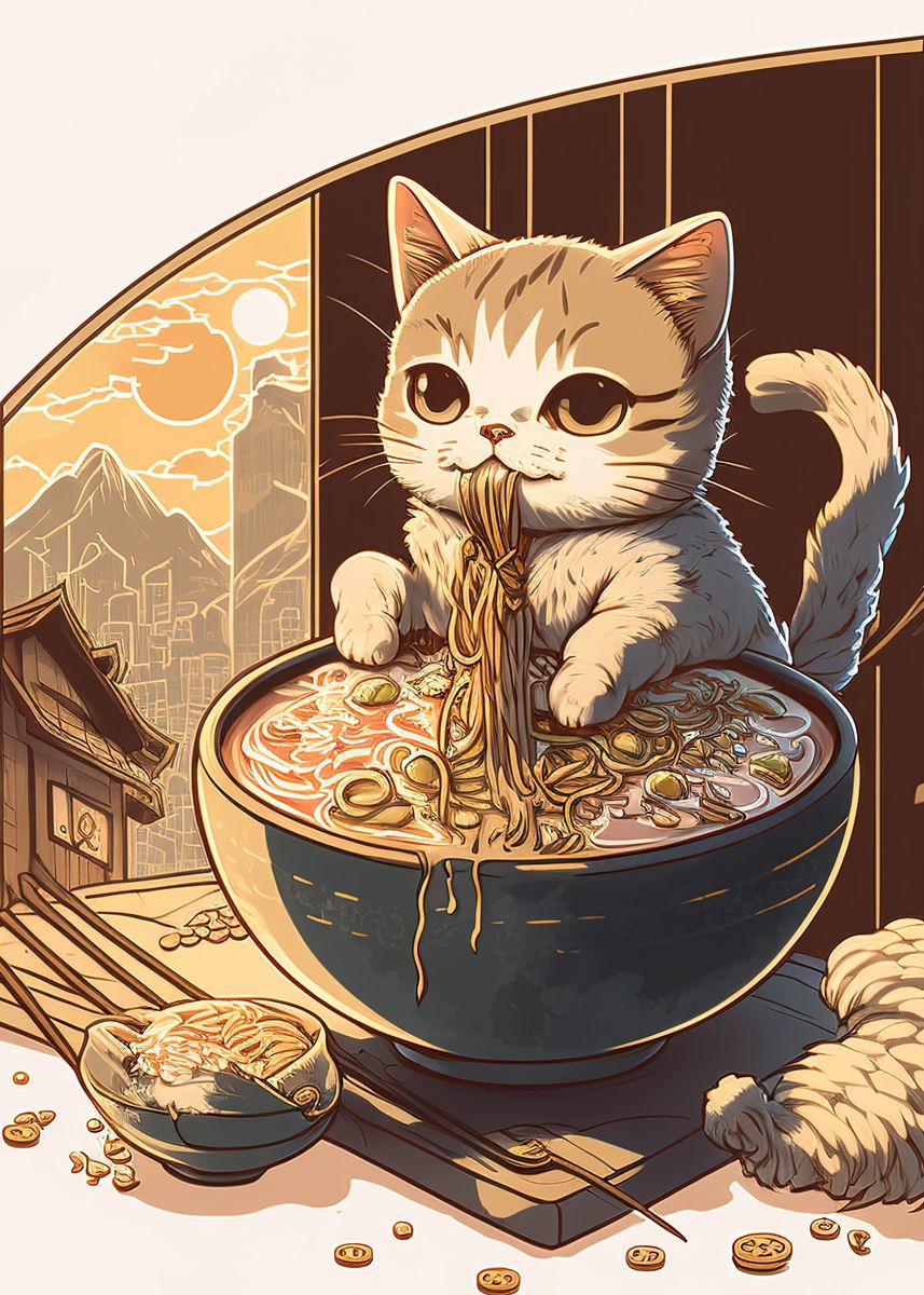 'cat ramen japan' Poster, picture, metal print, paint by Zachariah ...