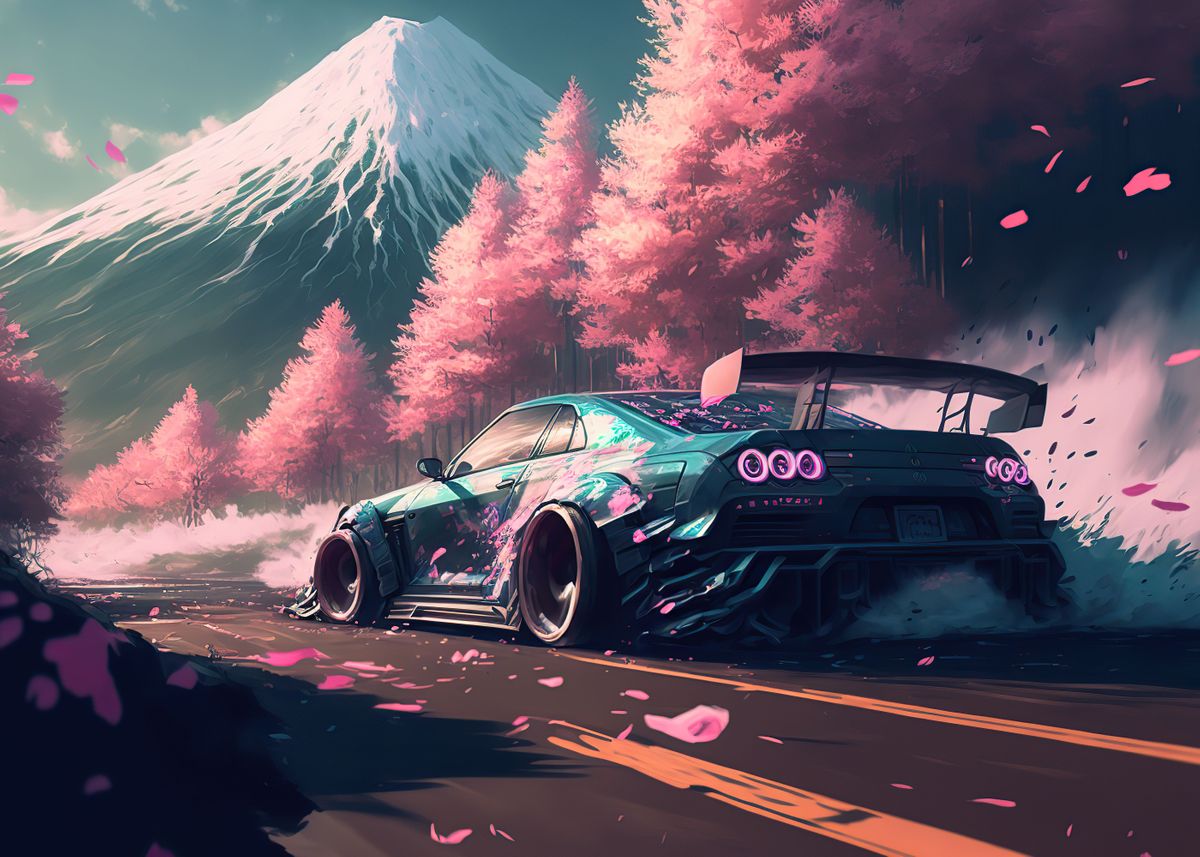 'car cherry blossoms ' Poster by MatiasCurrie | Displate