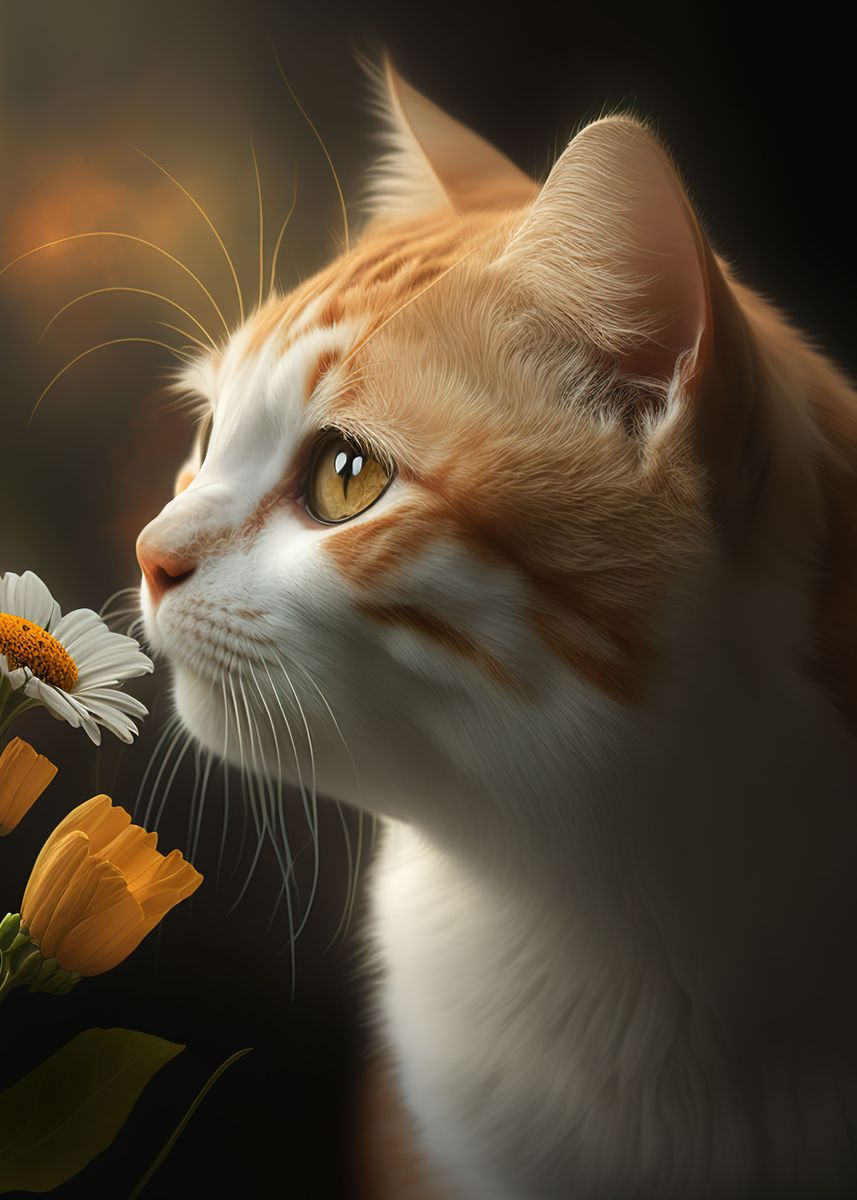 'Cat smelling flowers' Poster, picture, metal print, paint by MAD SPACE ...