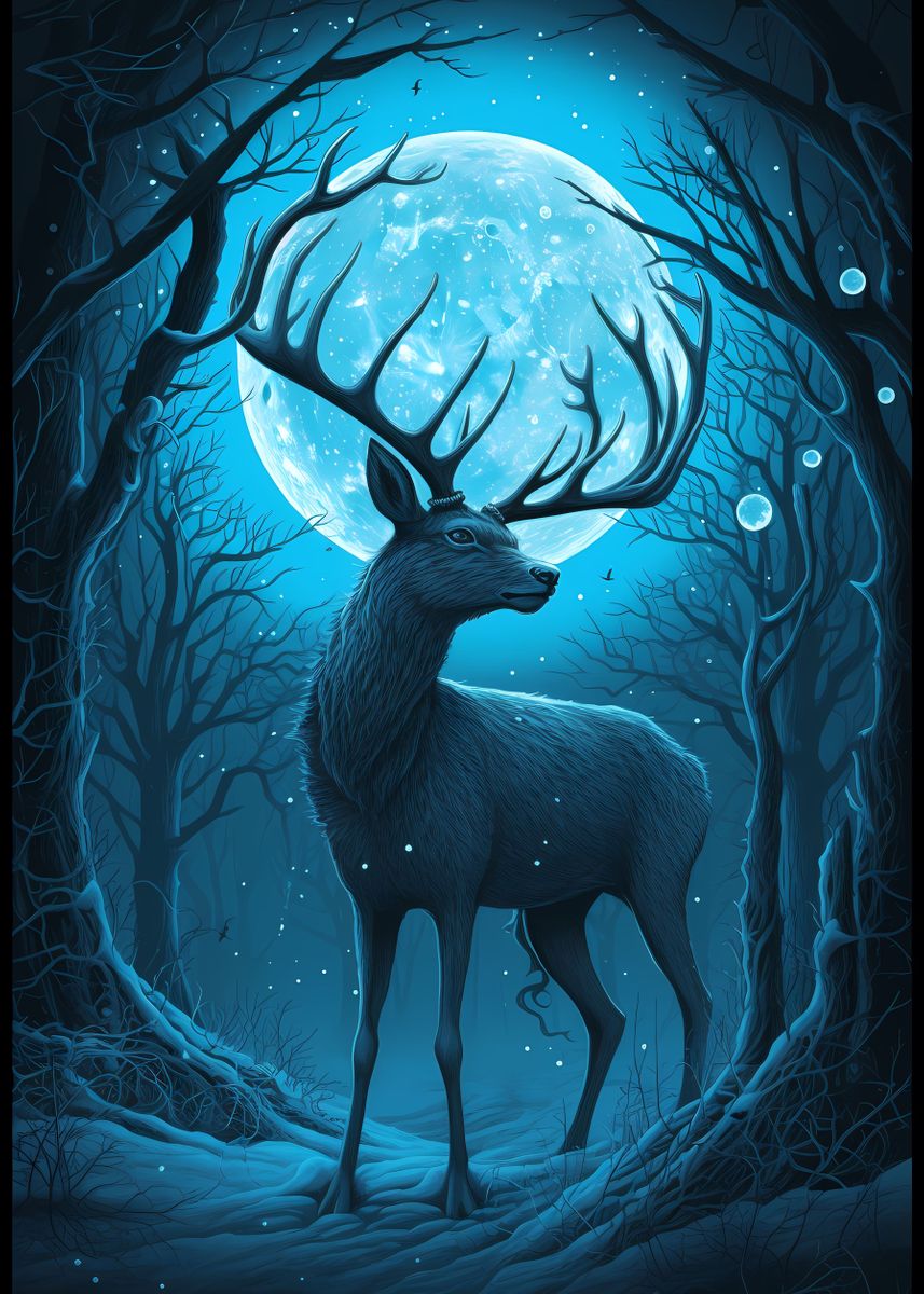 'deer moonlight vintage' Poster, picture, metal print, paint by Rizzz ...