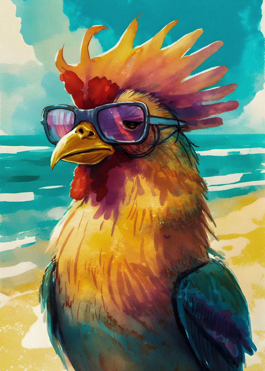 'Rooster In the sea' Poster, picture, metal print, paint by Elz art ...