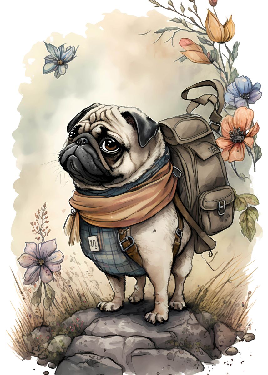 'Delightful Pug Dog' Poster, picture, metal print, paint by Alia Helen ...
