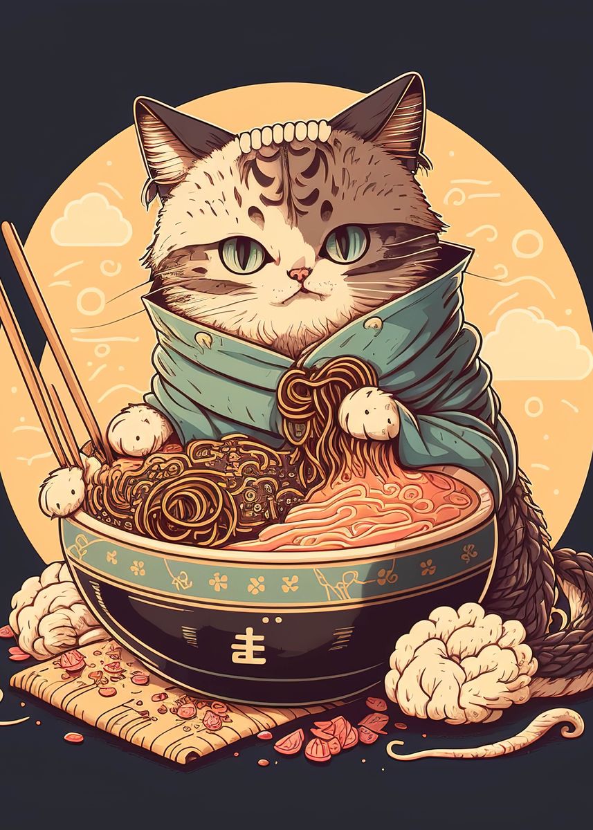 'cat ramen japan' Poster, picture, metal print, paint by Zachariah ...