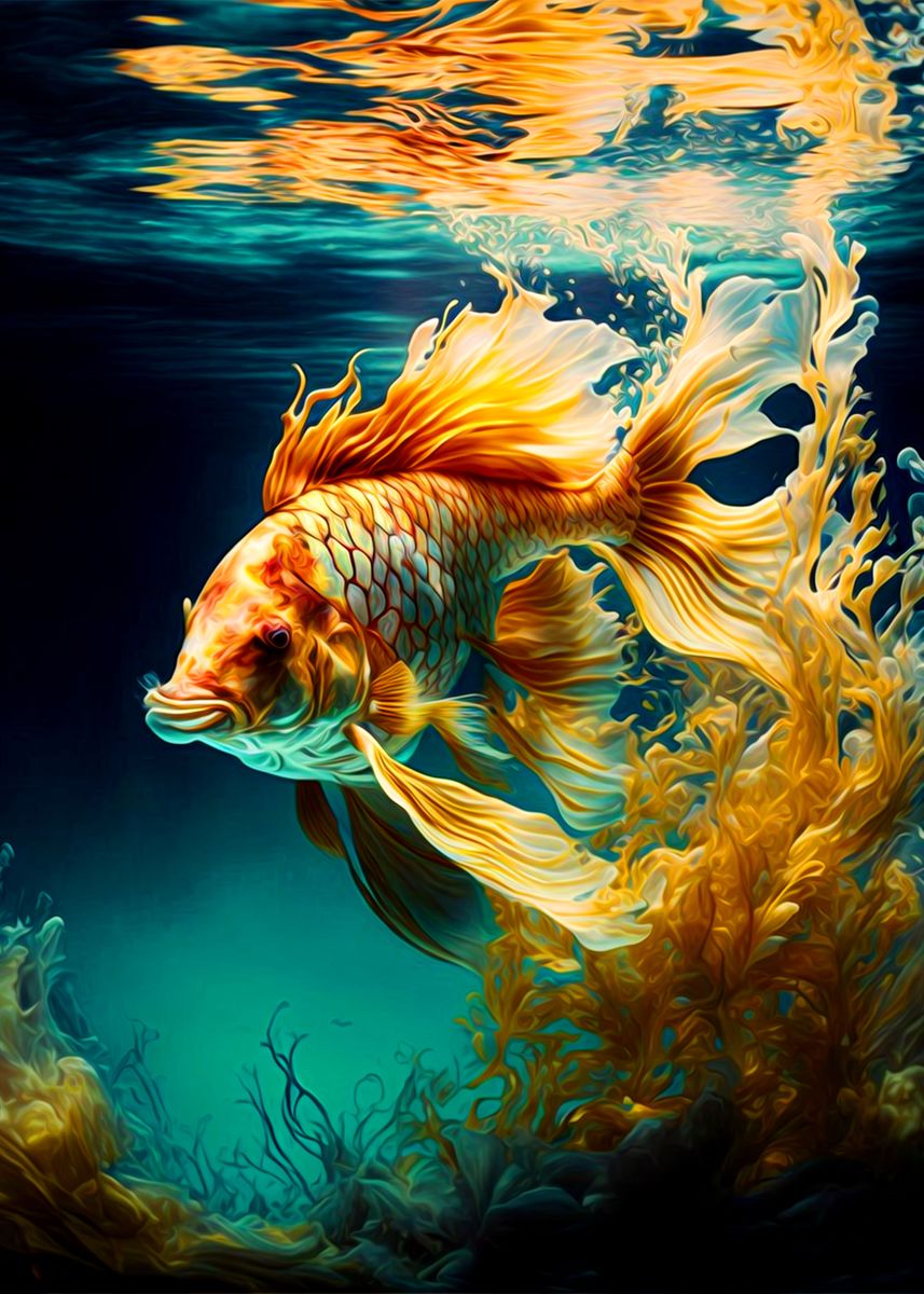 'Gold Fish' Poster, picture, metal print, paint by Tiker Arts | Displate