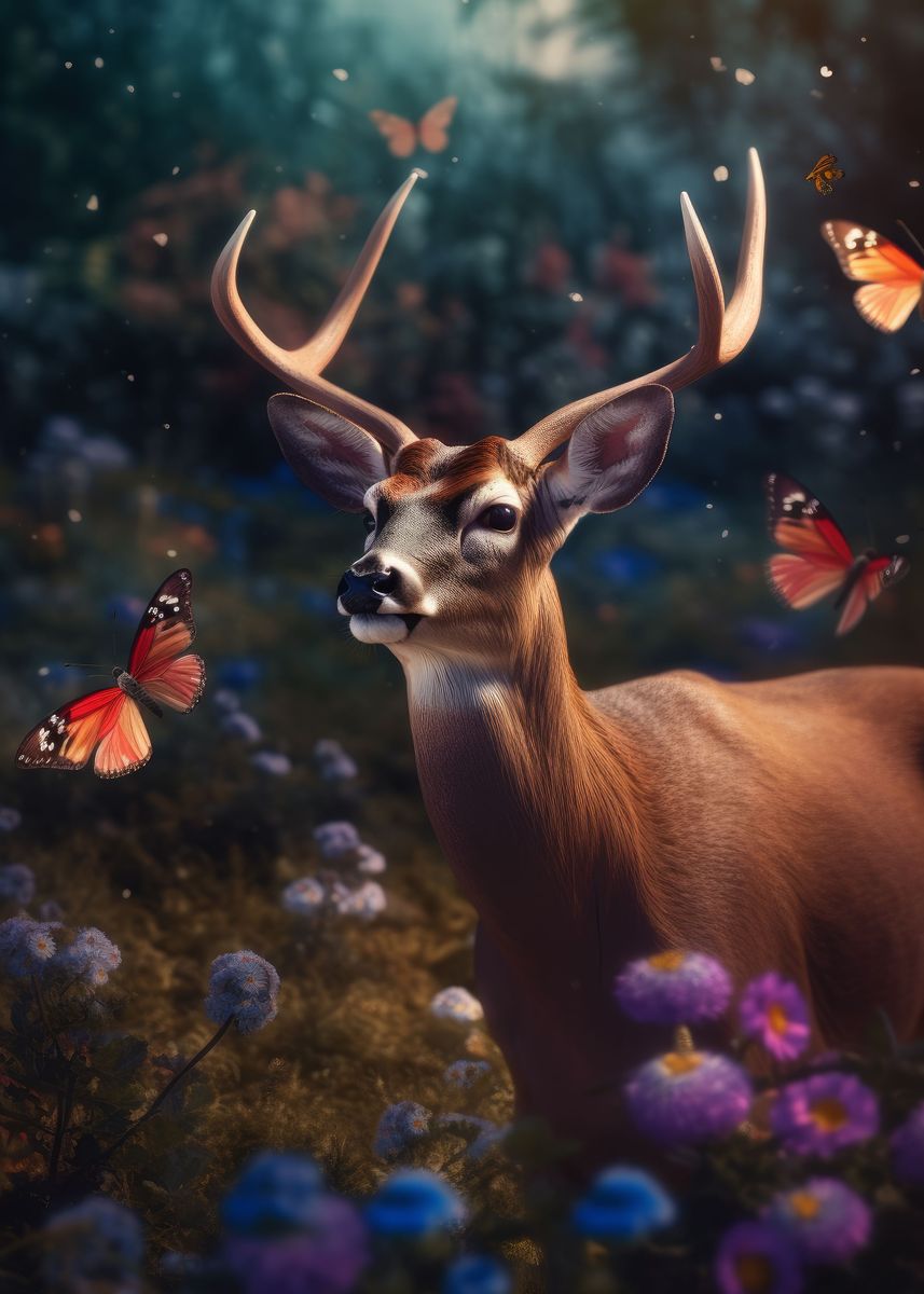 'Magical Deer Butterflies' Poster, picture, metal print, paint by Zenja ...