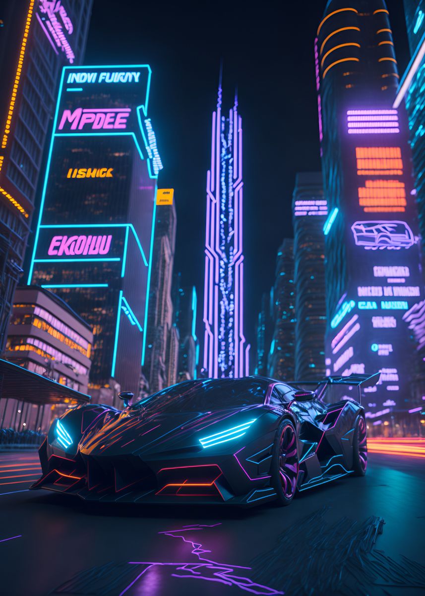 'Dark Neon City Sports Car' Poster by jodotodesign | Displate