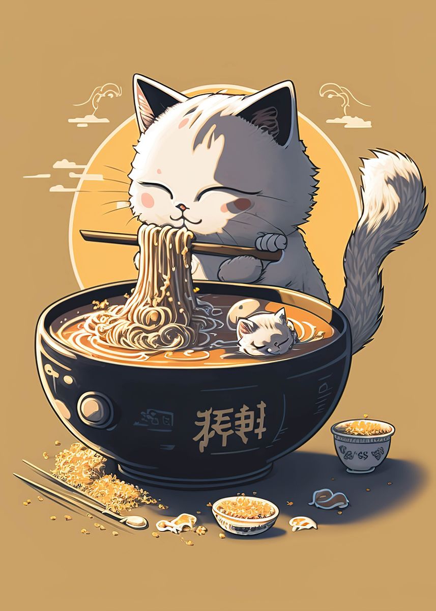 'cat ramen japan' Poster, picture, metal print, paint by Zachariah ...