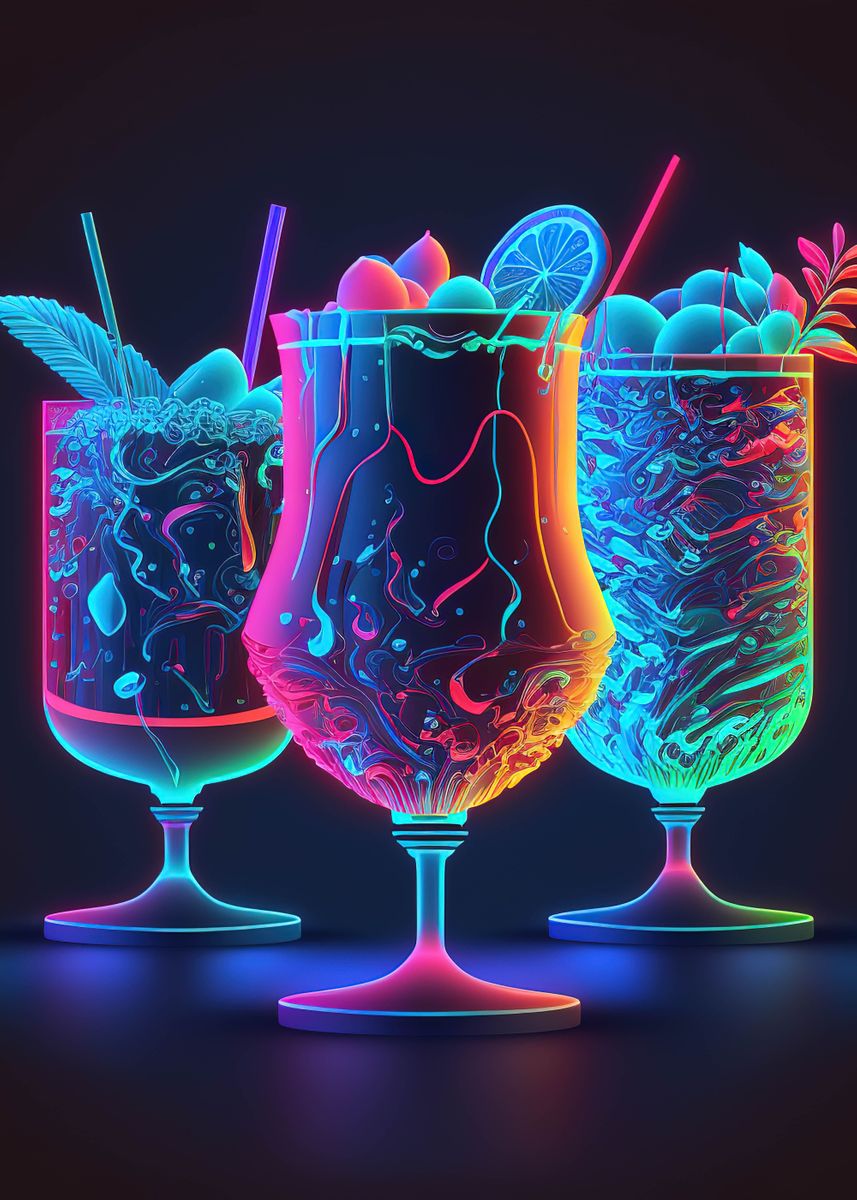 'Cocktail Drink Neon' Poster, picture, metal print, paint by Isla Daven ...
