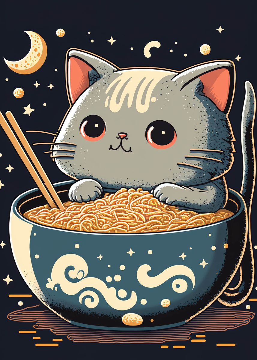 'cat ramen japan' Poster, picture, metal print, paint by Zachariah ...