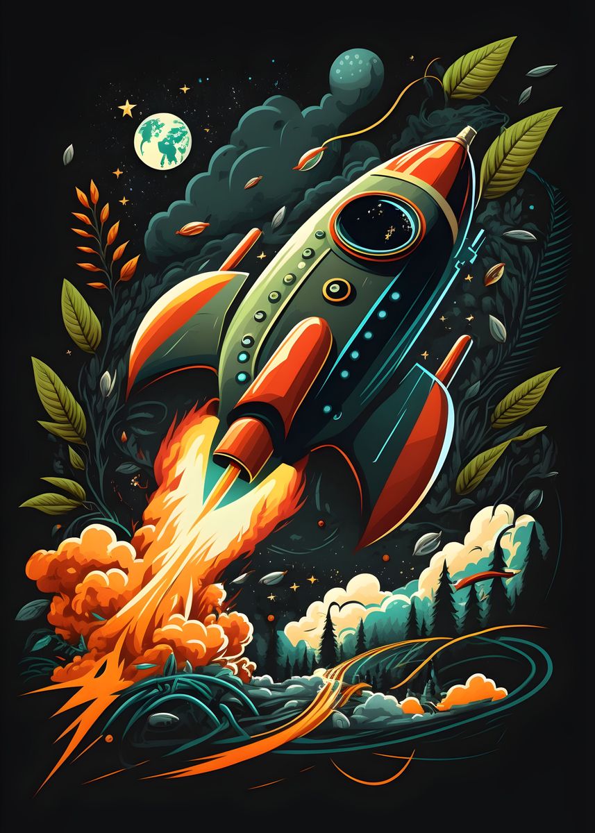 'Rocket Launched from Earth' Poster, picture, metal print, paint by ...