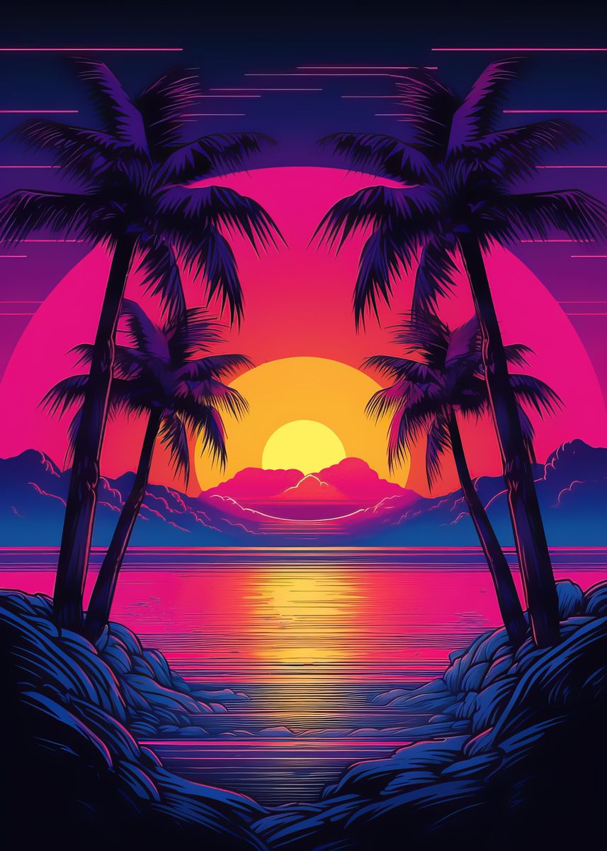 '80s Synthwave retro sunset' Poster, picture, metal print, paint by ...