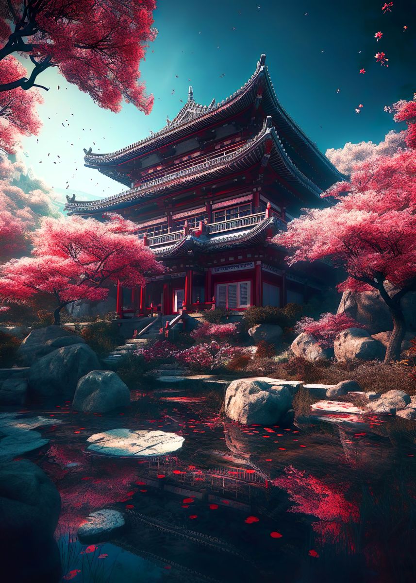 'Japanese Garden Building' Poster, picture, metal print, paint by ...