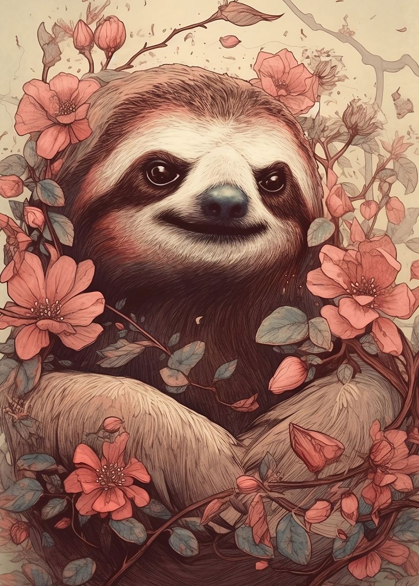 'Happy Sloth' Poster, picture, metal print, paint by ...