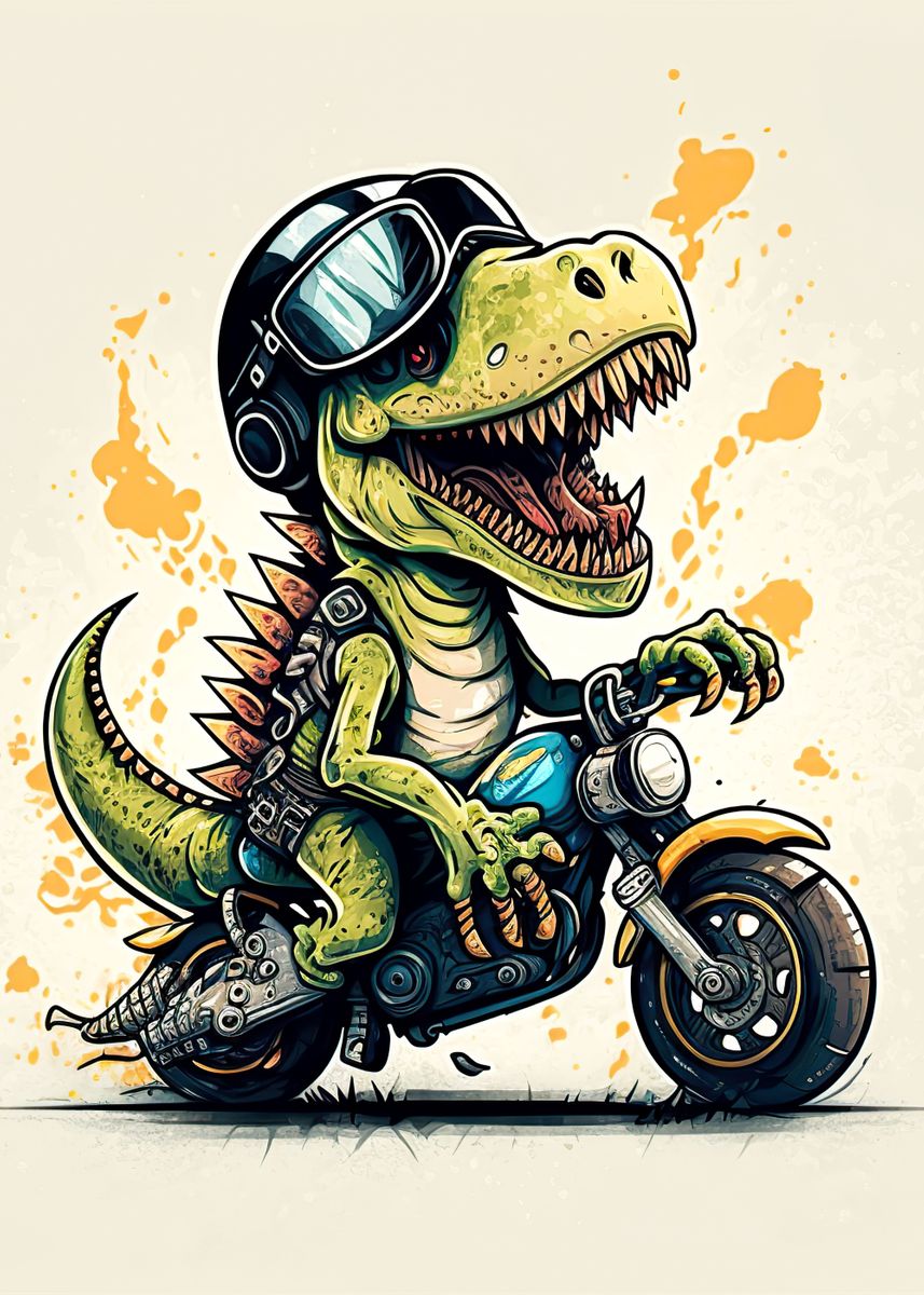 'trex riding a motorcycle' Poster, picture, metal print, paint by ...