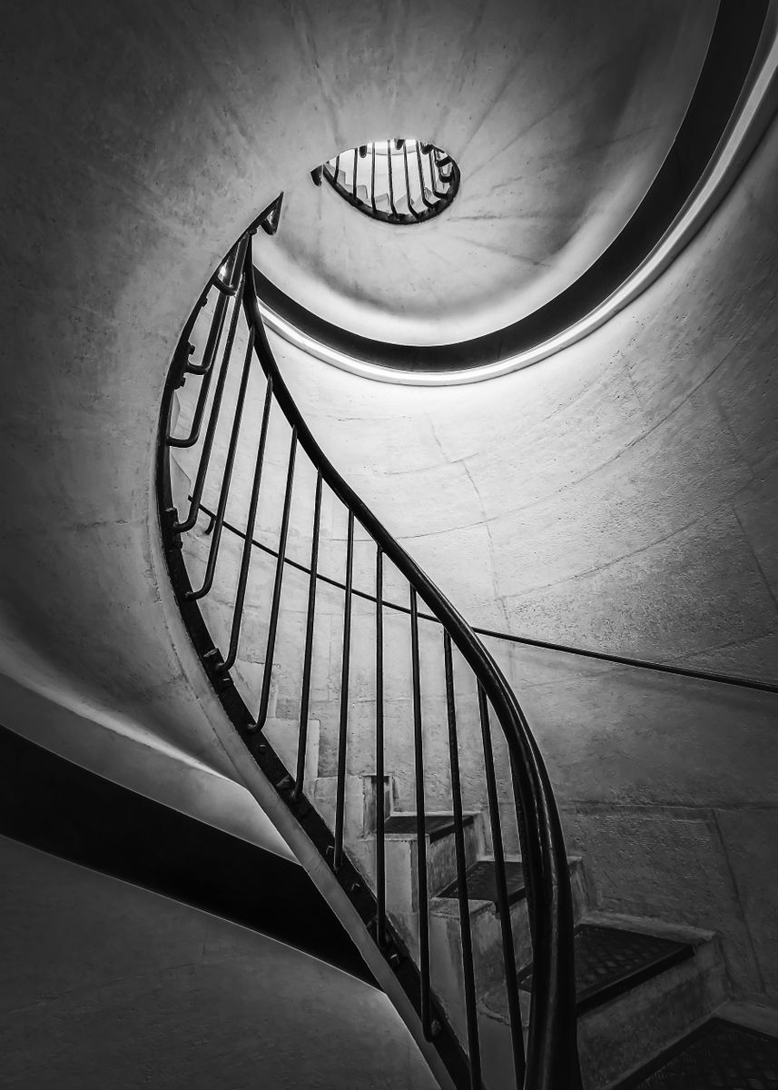 'Black and white stairwell' Poster, picture, metal print, paint by ...