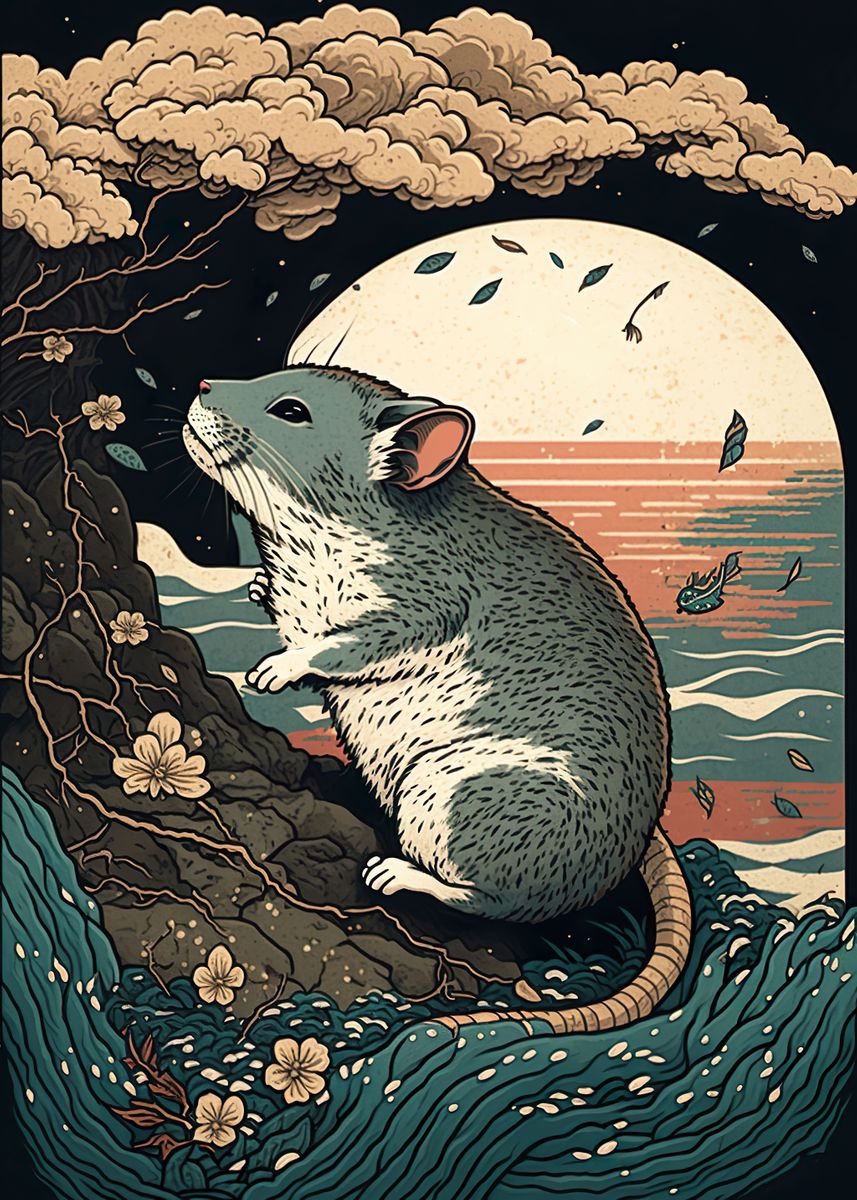 'Rat Ukiyo e Japan China' Poster, picture, metal print, paint by Dennex Designs | Displate