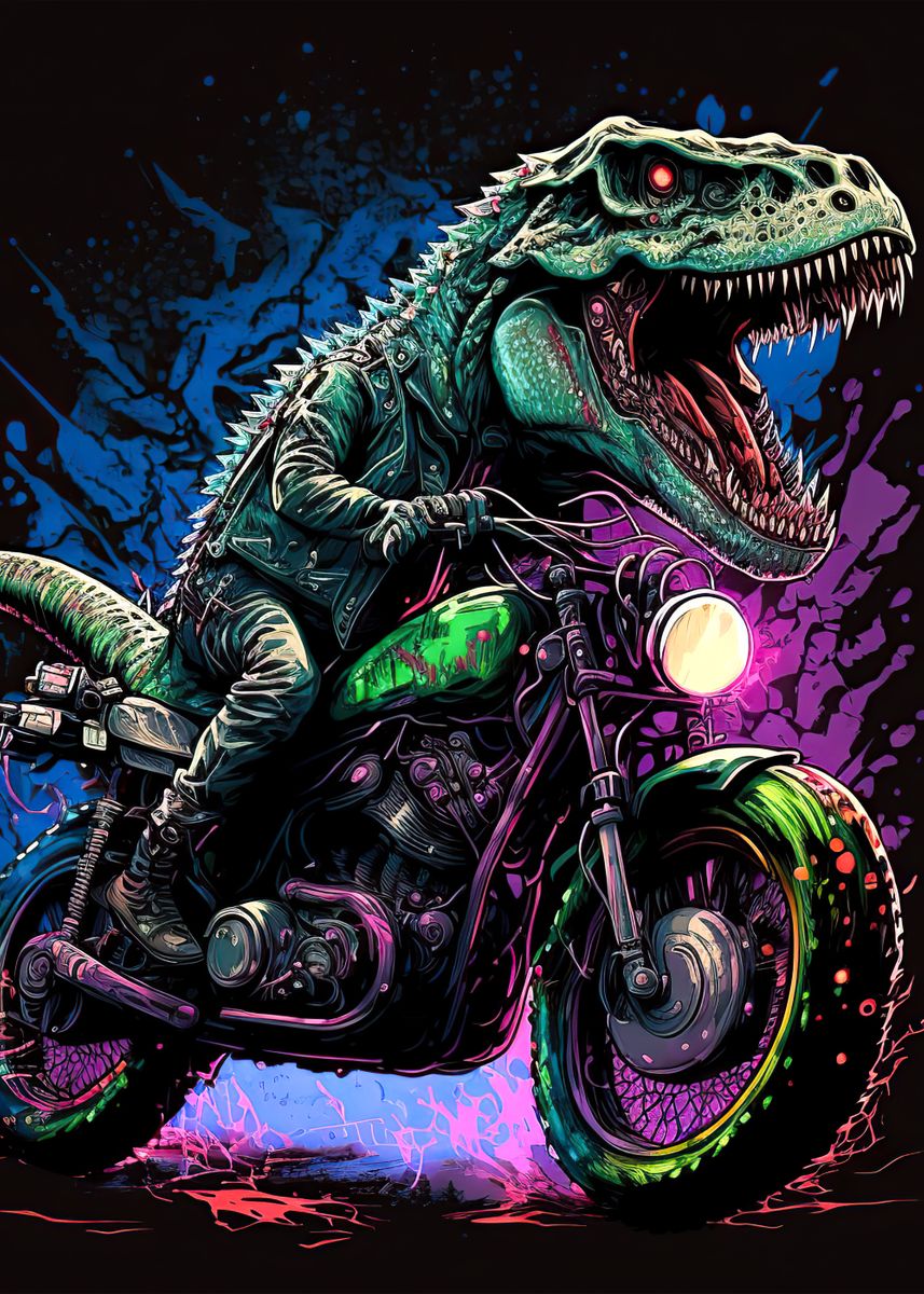 'trex riding a motorcycle' Poster, picture, metal print, paint by ...