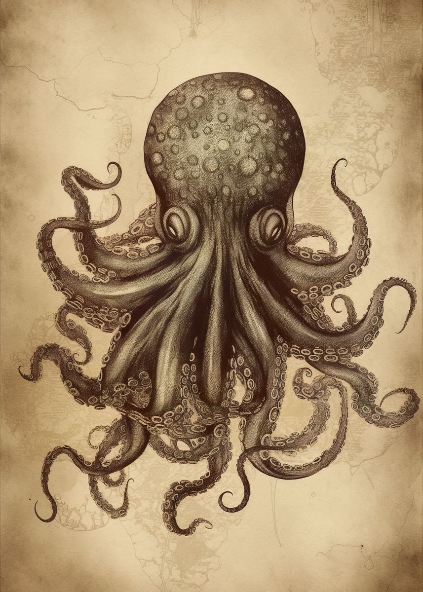 'Vintage Squid' Poster, picture, metal print, paint by ...
