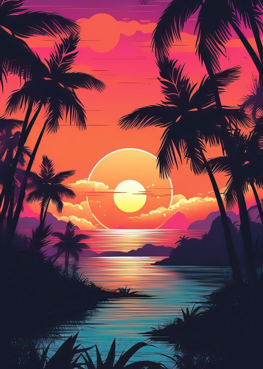 '80s Synthwave retro sunset' Poster by Mikath | Displate
