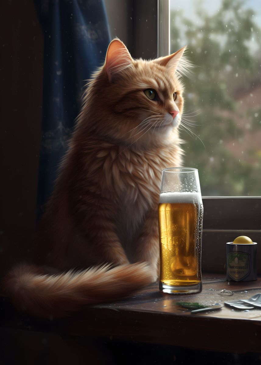 'Sad Cat Beer' Poster, picture, metal print, paint by Elvira A. Nguyen ...