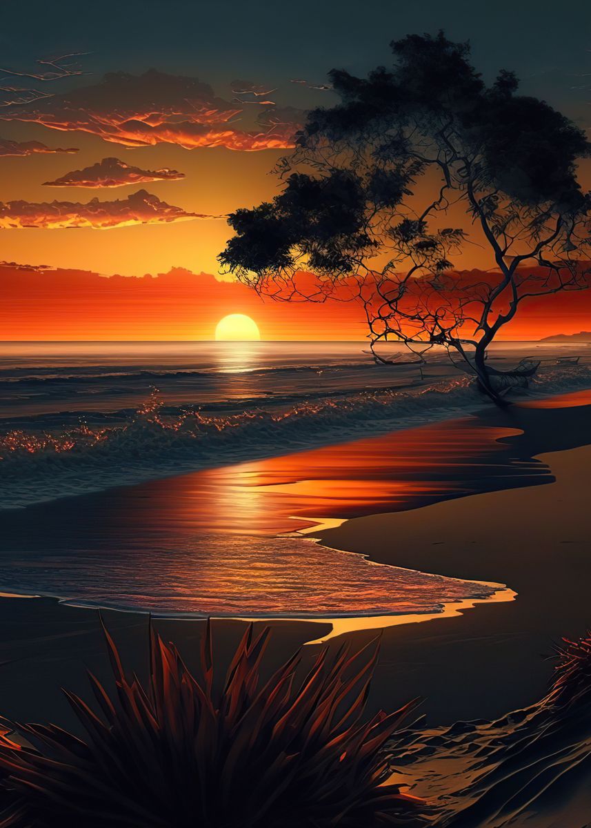 'Beach Sunset Landscape' Poster, picture, metal print, paint by ...