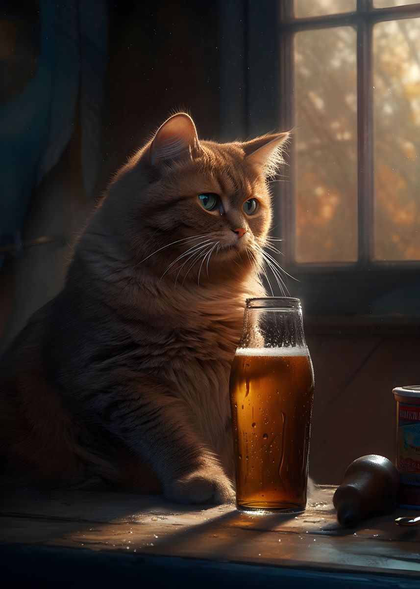 'Sad Cat Beer' Poster, picture, metal print, paint by Elvira A. Nguyen ...