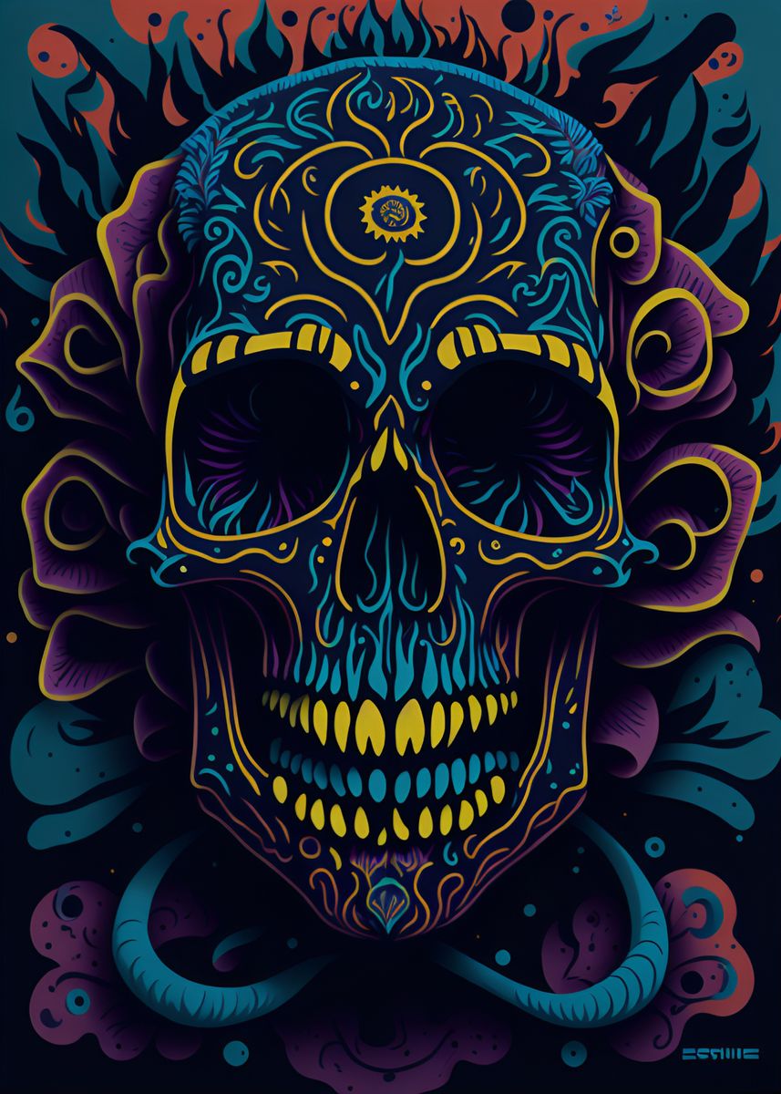 'Psychedelic Skull Odyssey' Poster, picture, metal print, paint by jodotodesign | Displate