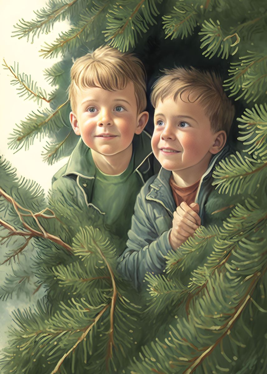 'Boys in fir tree' Poster, picture, metal print, paint by CheTatanka ...