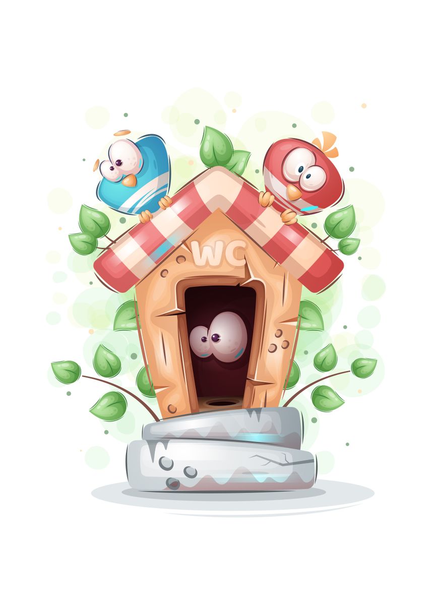 'Cute bird in the toilet' Poster, picture, metal print, paint by ...