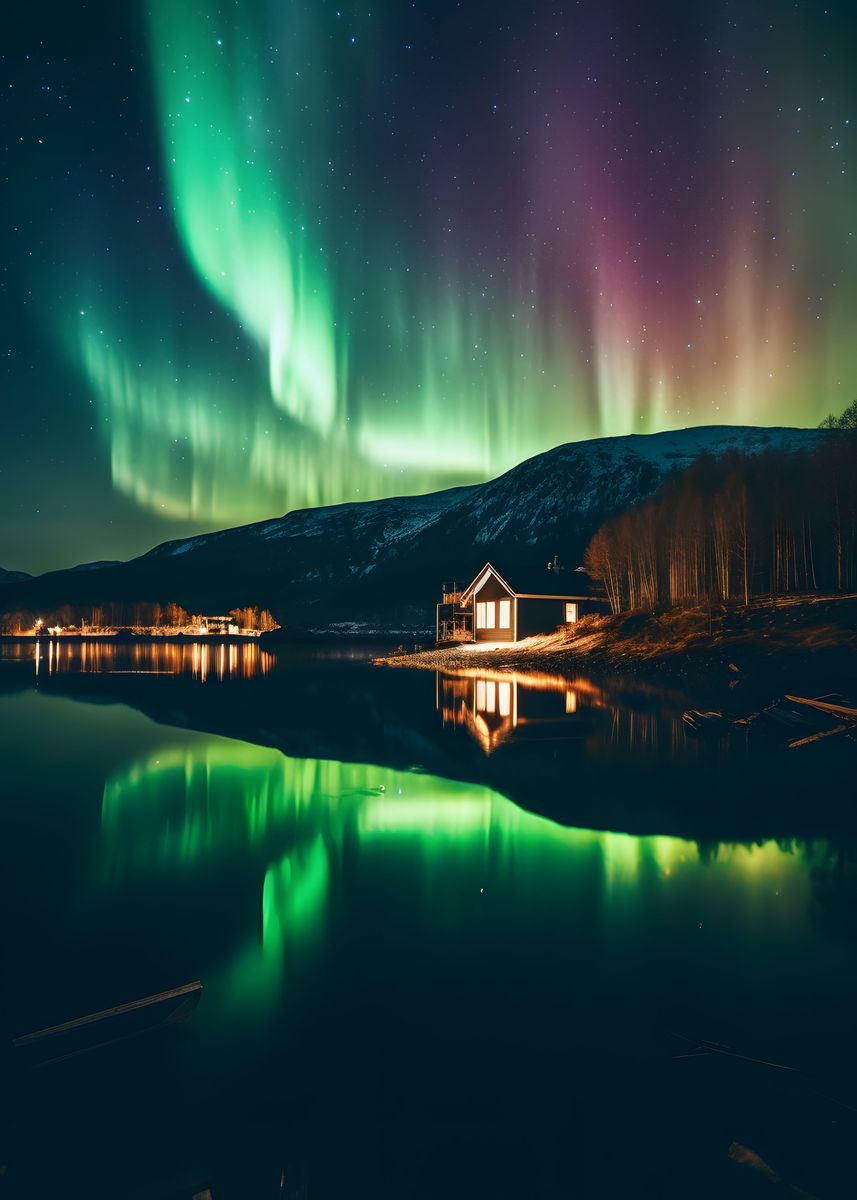 'Aurora Borealis Lake View' Poster, picture, metal print, paint by ...